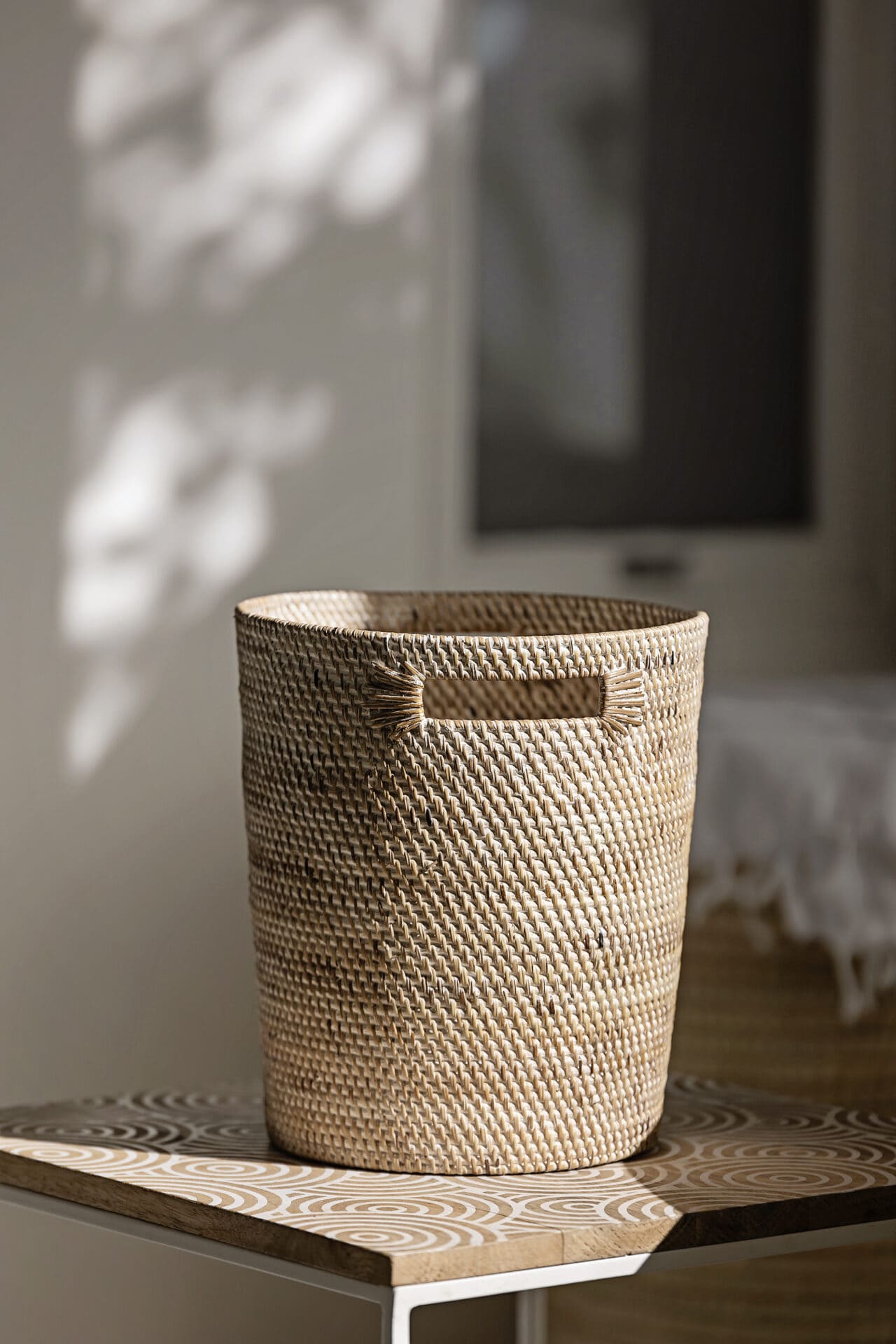White-Washed Rattan Wastepaper Basket Handles Style Guide